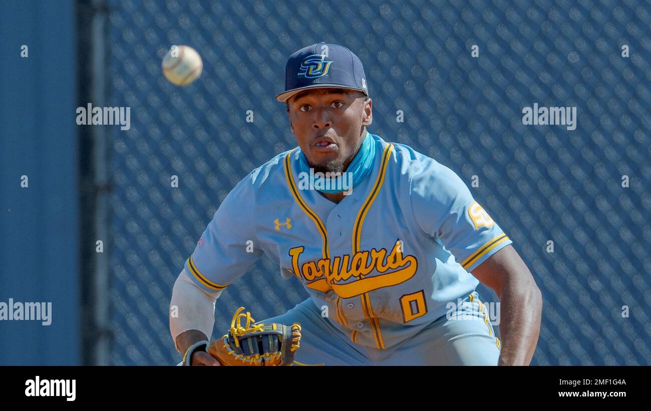 Southern infielder Colton Frank (0) catches during an NCAA baseball ...