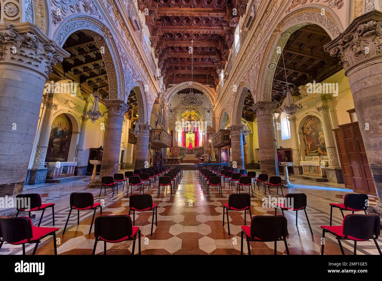 Altar, interior furnishings and carved wooden ceilings inside the ...