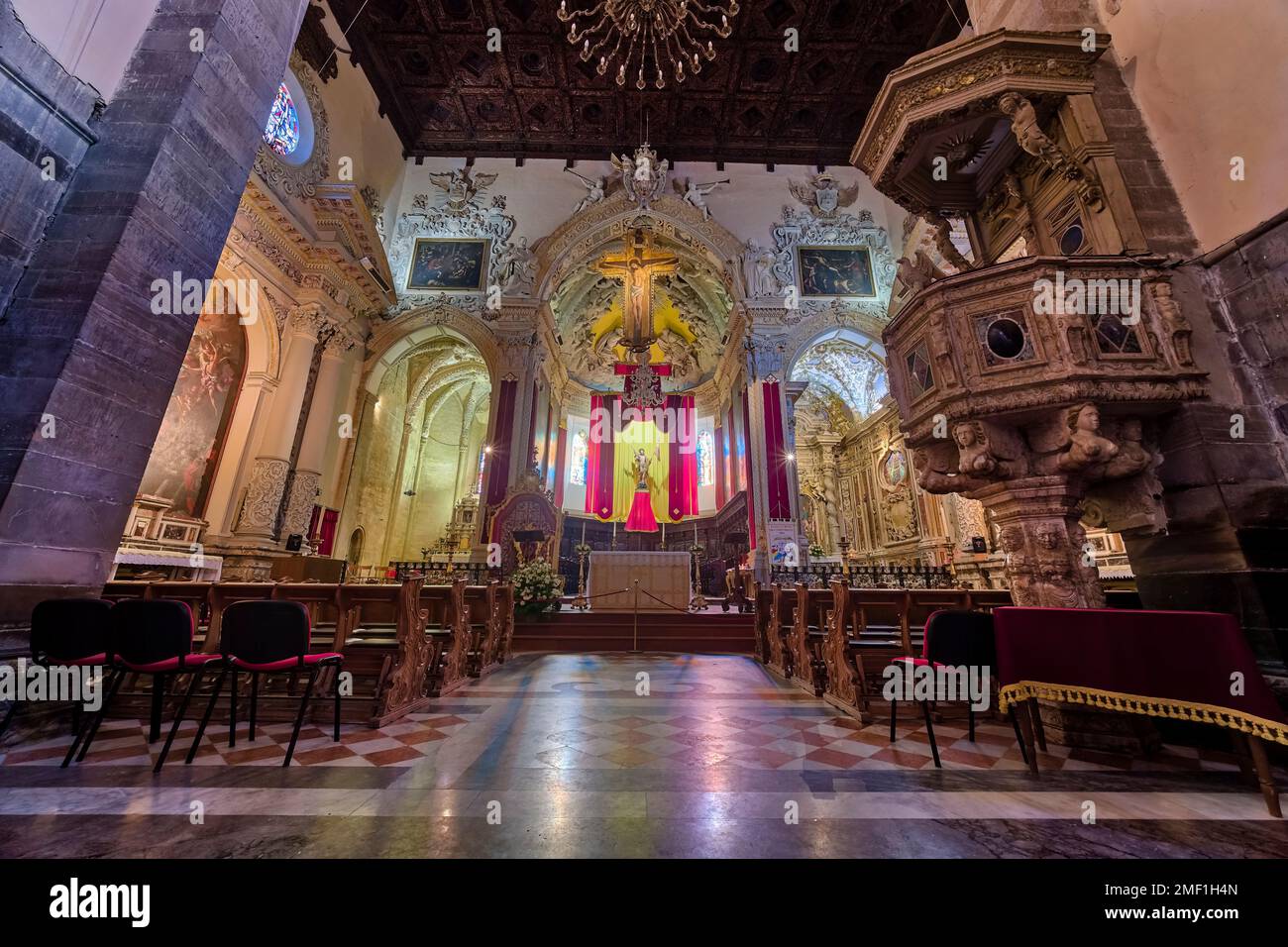Altar, interior furnishings and carved wooden ceilings inside the ...