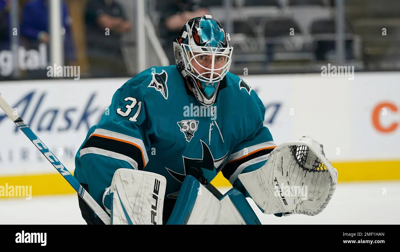 San Jose Sharks goaltender Martin Jones (31) against the Colorado ...