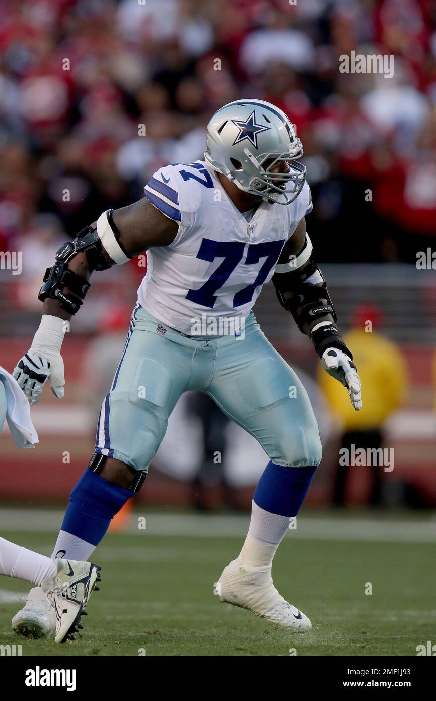 Dallas Cowboys offensive tackle Tyron Smith (77) blocks during an NFL ...