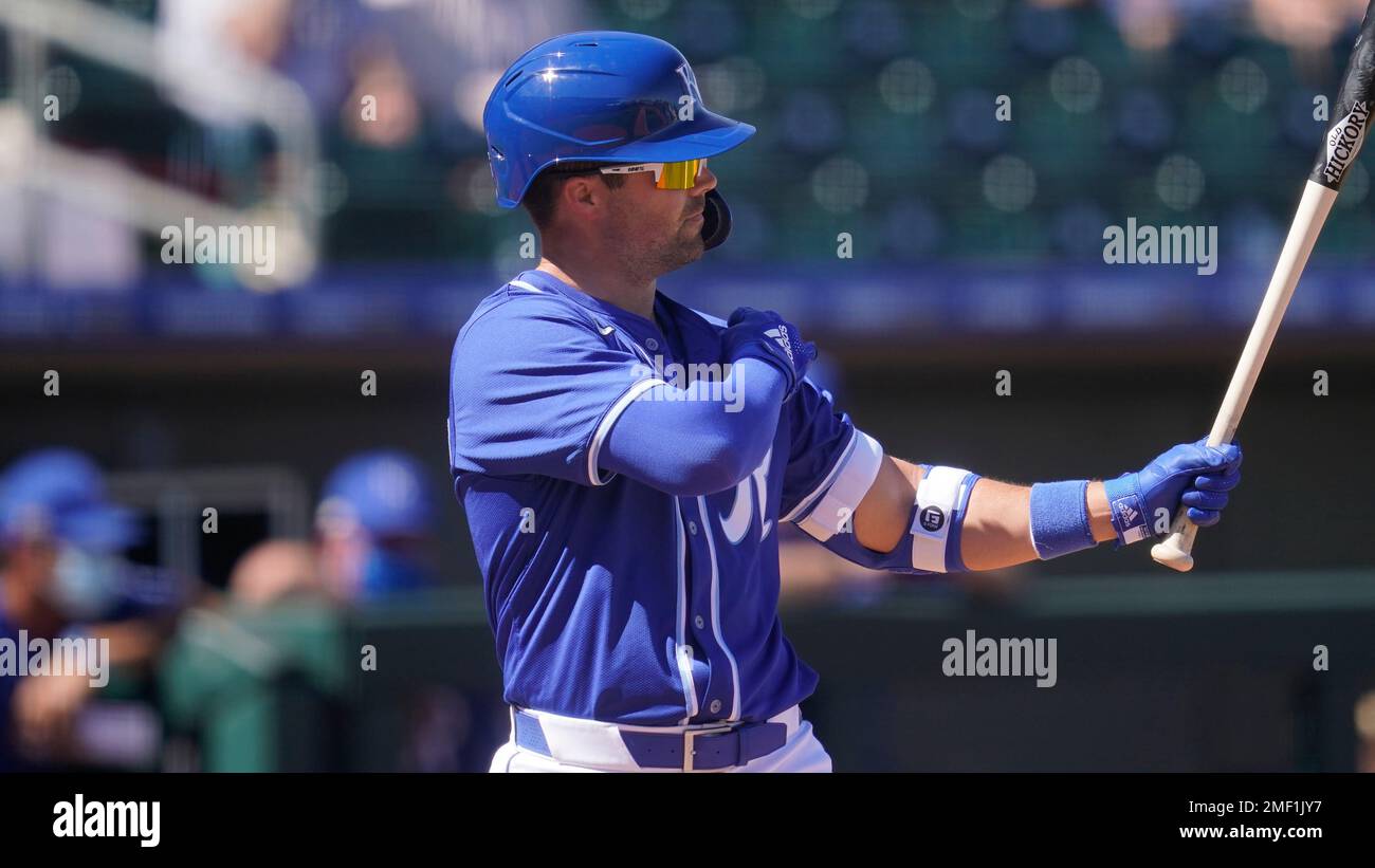Kansas City Royals' Whit Merrifield bats in a spring training baseball ...