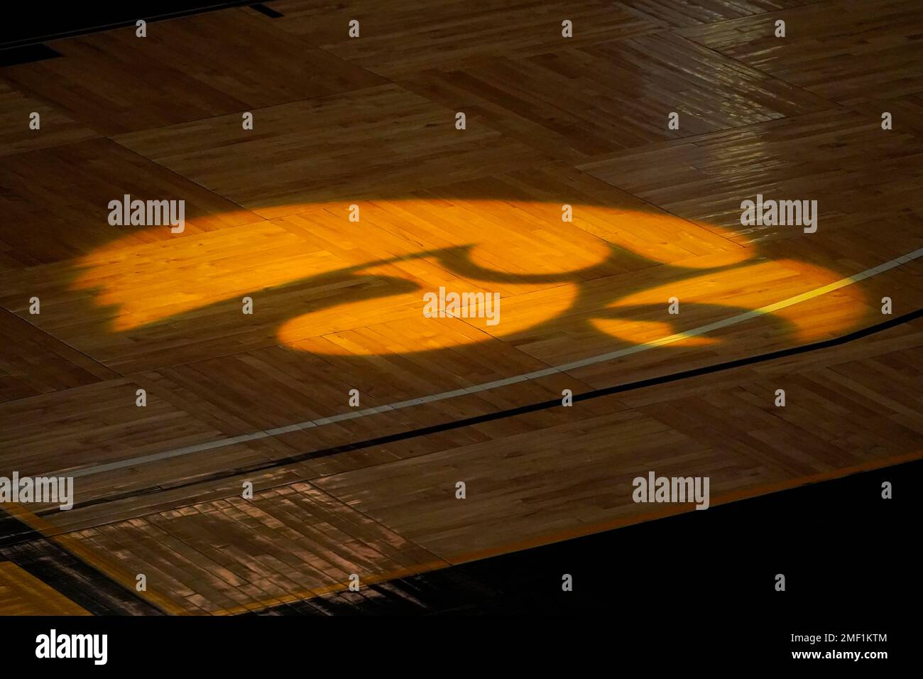 The University of Iowa Tigerhawk logo is seen on the court in Carver ...