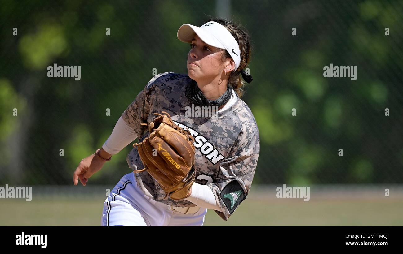 Stetson infielder Alyssa Gilman (12) fields a ball before an NCAA ...