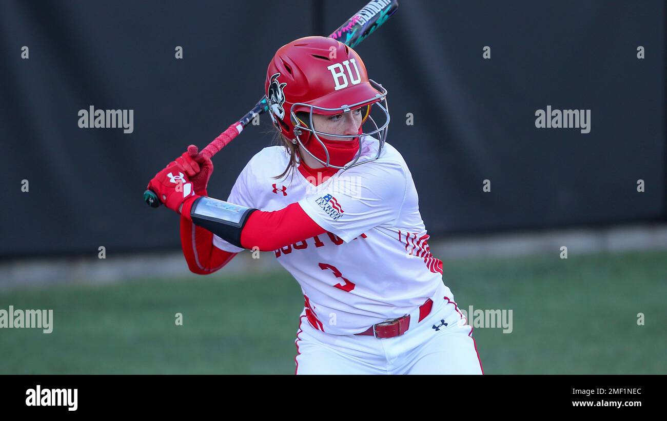 Boston's Kate Pryor (3) at bat during an NCAA softball game against ...