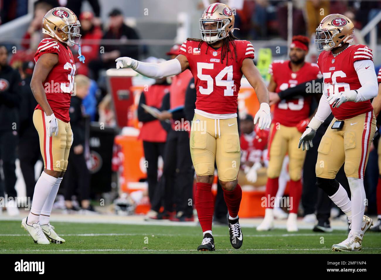 San Francisco 49ers linebacker Fred Warner (54) reacts during an NFL ...