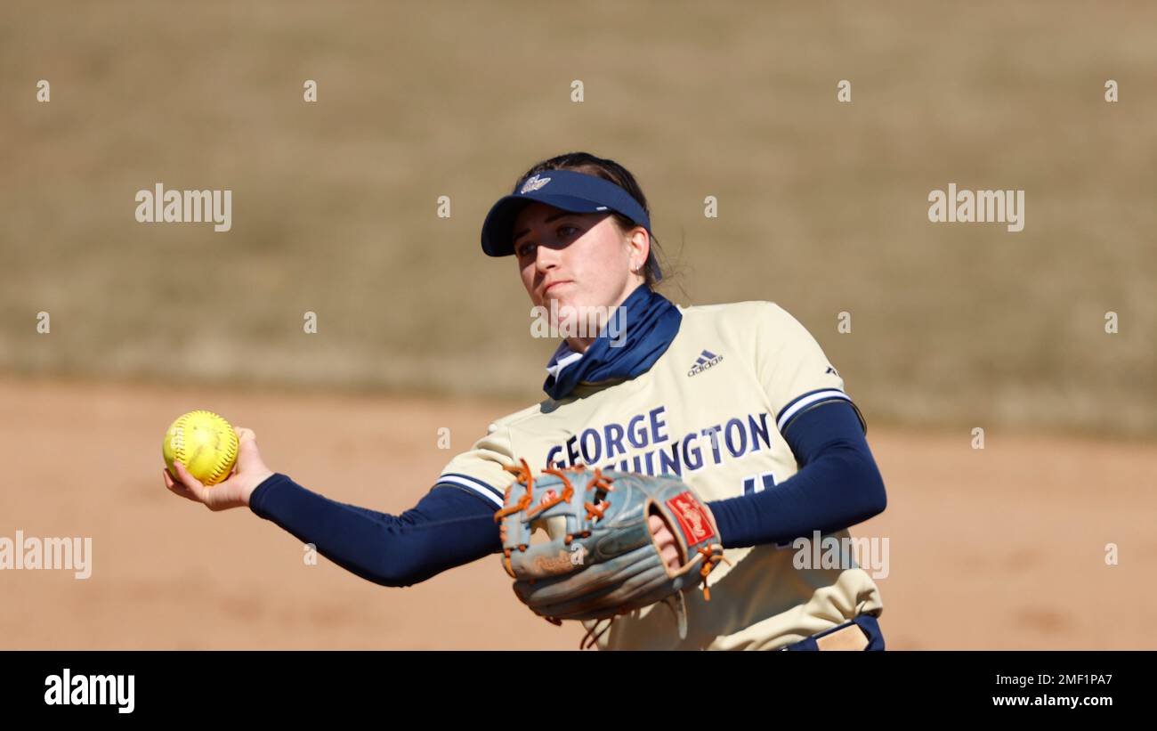 George Washington infielder Amber Lotz makes a play against Mount St ...