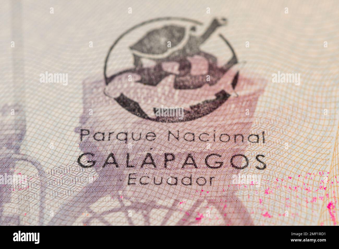 Passport stamp from Galapagos Islands on a spanish passport. October ...
