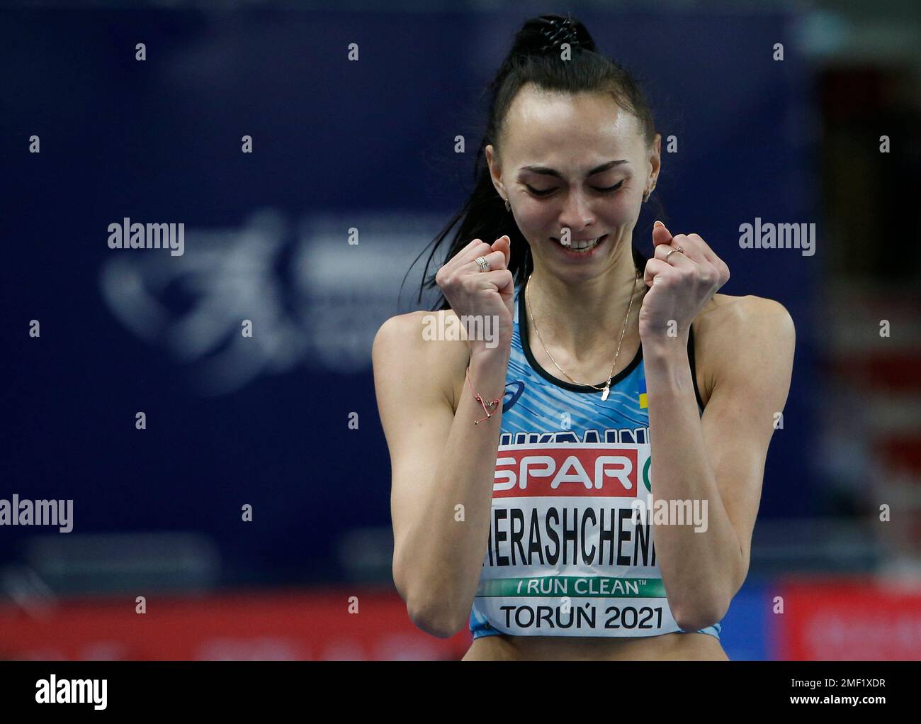 Ukraine's Iryna Herashchenko reacts during the women's high jump final at the Poland European ...