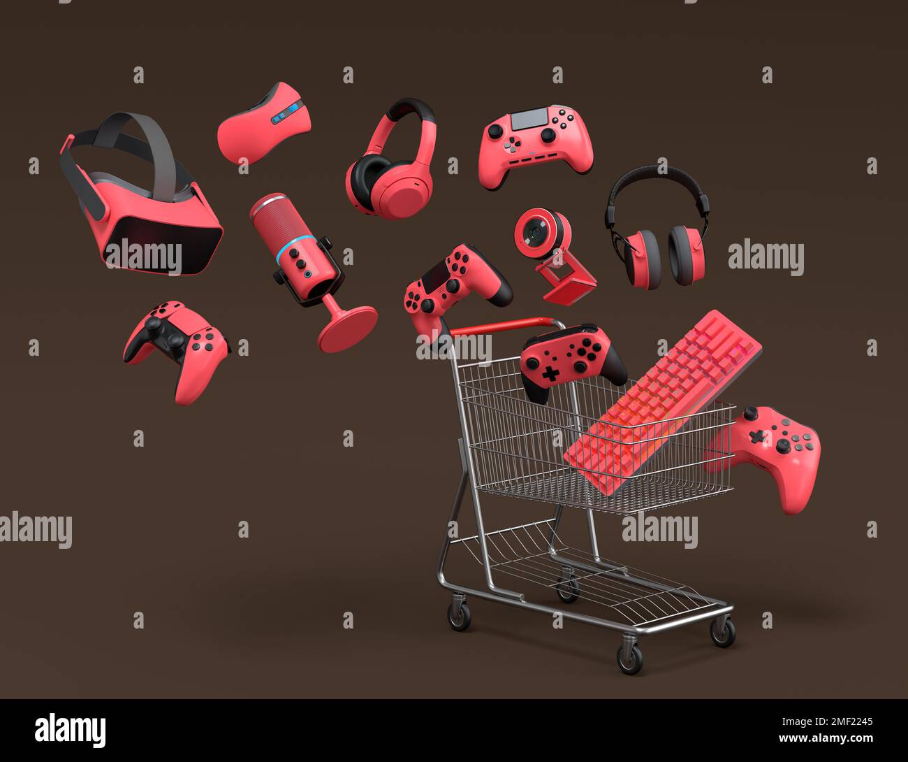 Flying gamer gears like mouse, keyboard, joystick, headset, VR Headset ...