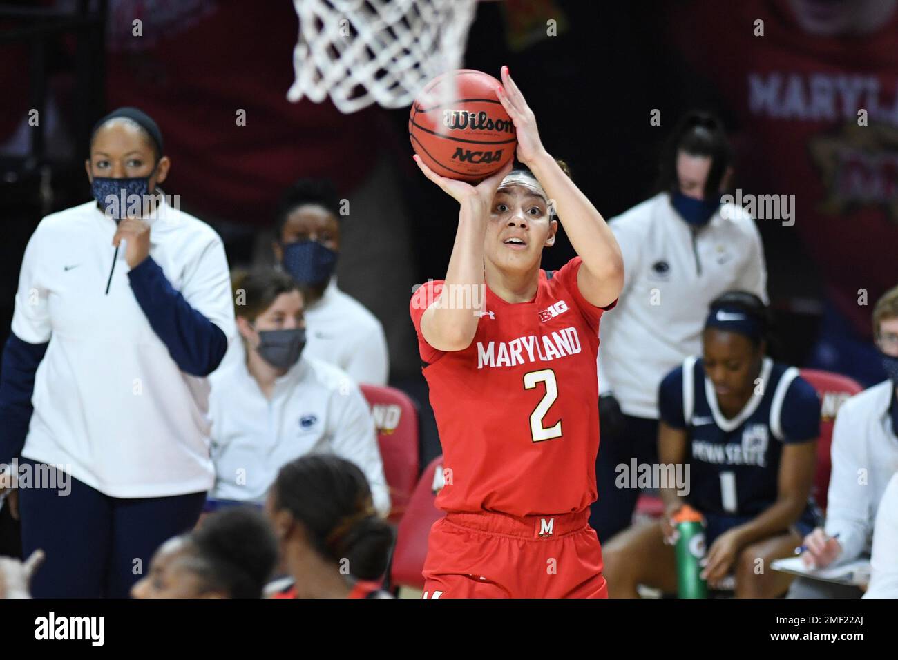 Maryland forward Mimi Collins (2) shoots the ball during the first half ...