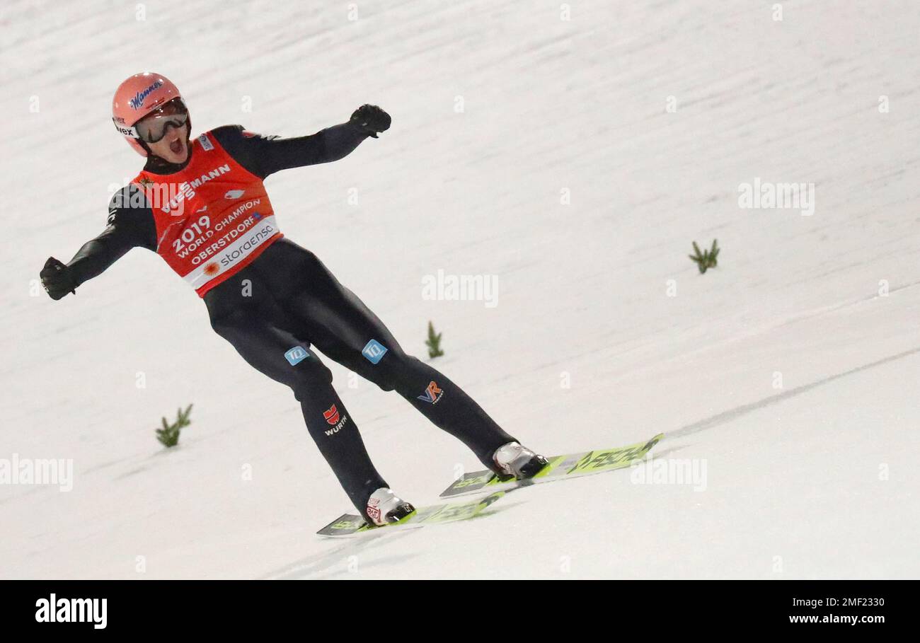 Germany's Karl Geiger reacts after his jump during the WSC Men's Team ...