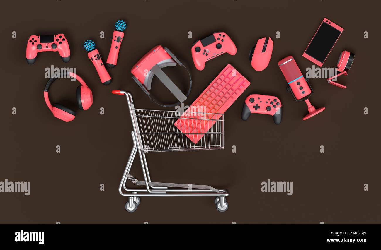 Lying gamer gears like mouse, keyboard, joystick, headset, VR Headset ...