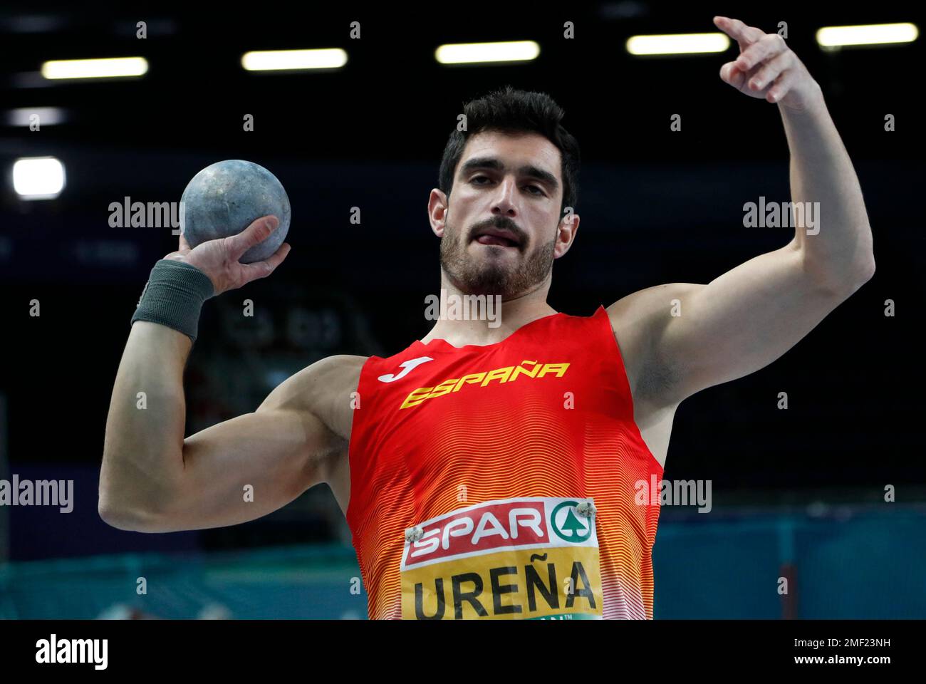 Spain's Jorge Urena competes during the shot put part of the heptathlon ...