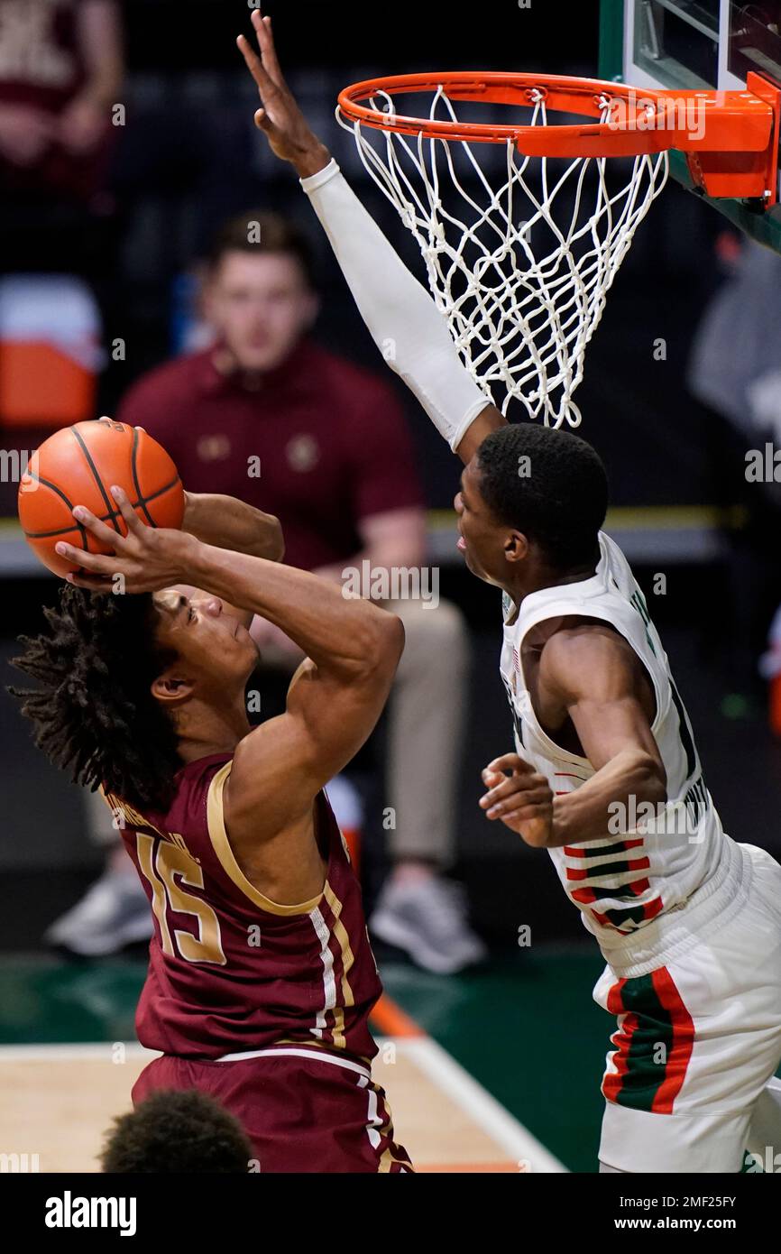 Boston College guard DeMarr Langford Jr. (15) shoots as Miami forward ...