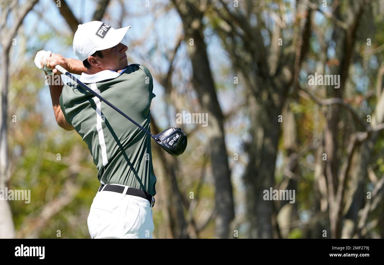 Viktor Hovland, of Norway, tees off on the third hole during the second round of the Arnold ...