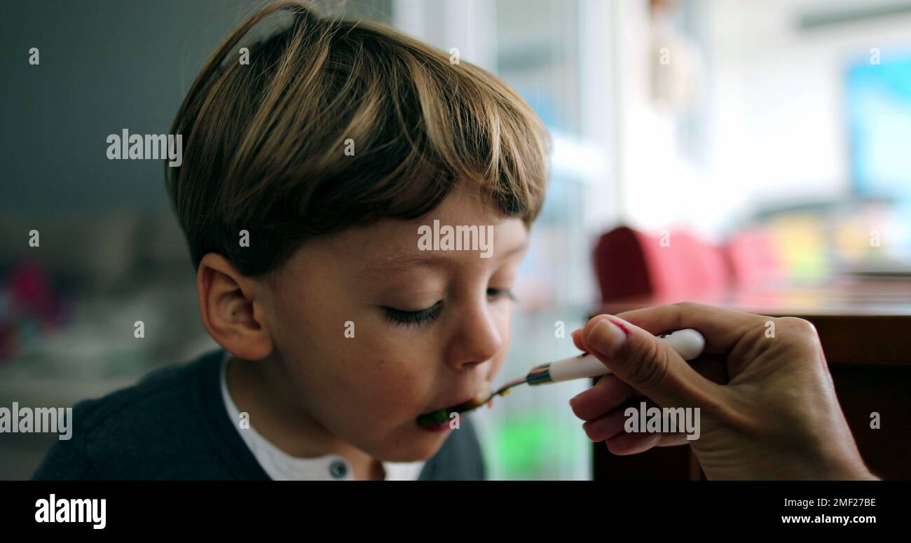 Parent feeding child with spoon mother feeds food to small boy Stock ...