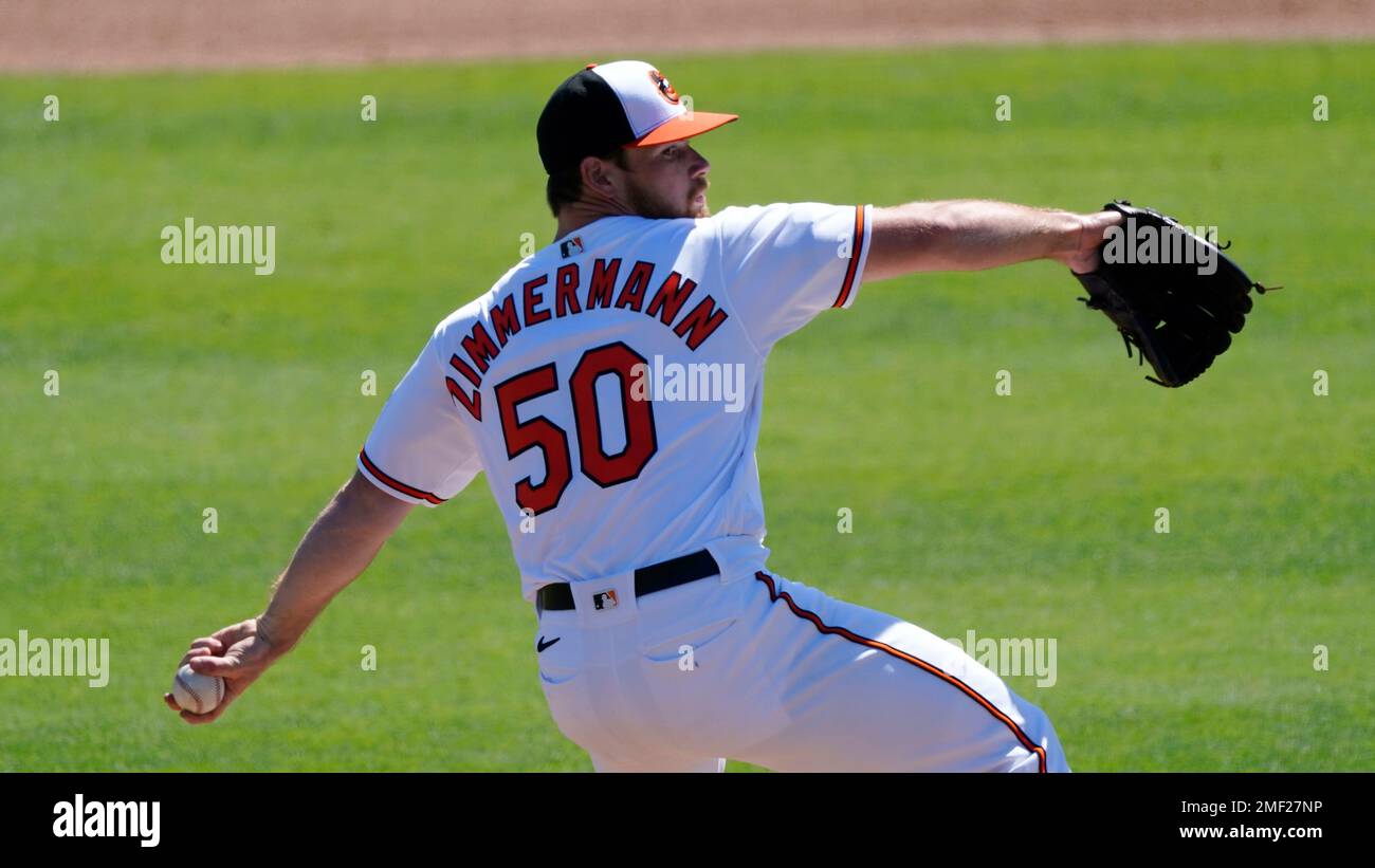 Baltimore Orioles starting pitcher Bruce Zimmermann (50) works against ...