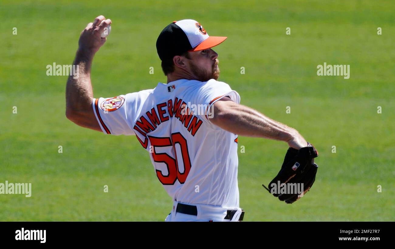 Baltimore Orioles starting pitcher Bruce Zimmermann (50) works against ...