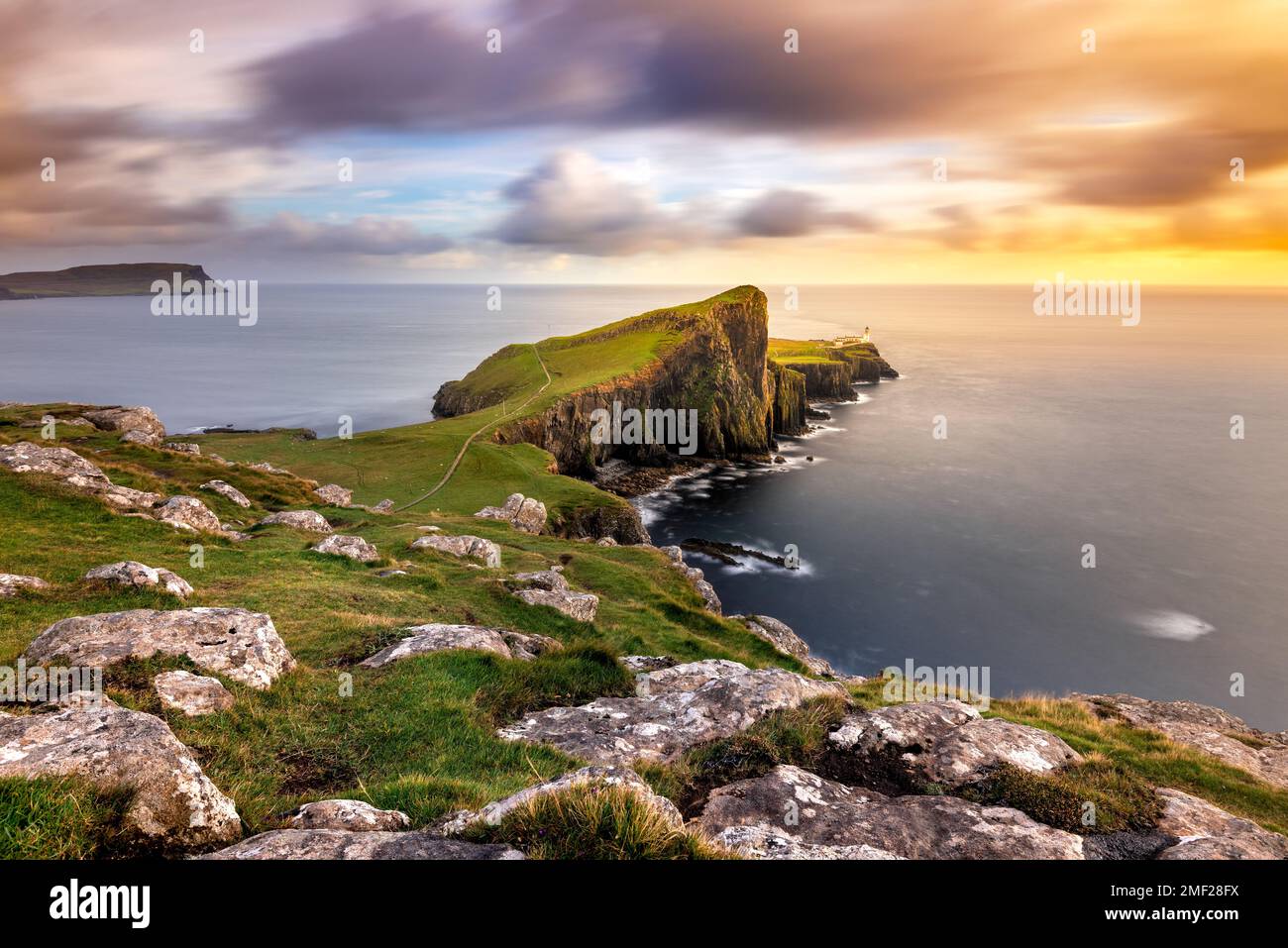 Dramatic views of Scottish coastal cliffs and dark storm clouds over ...