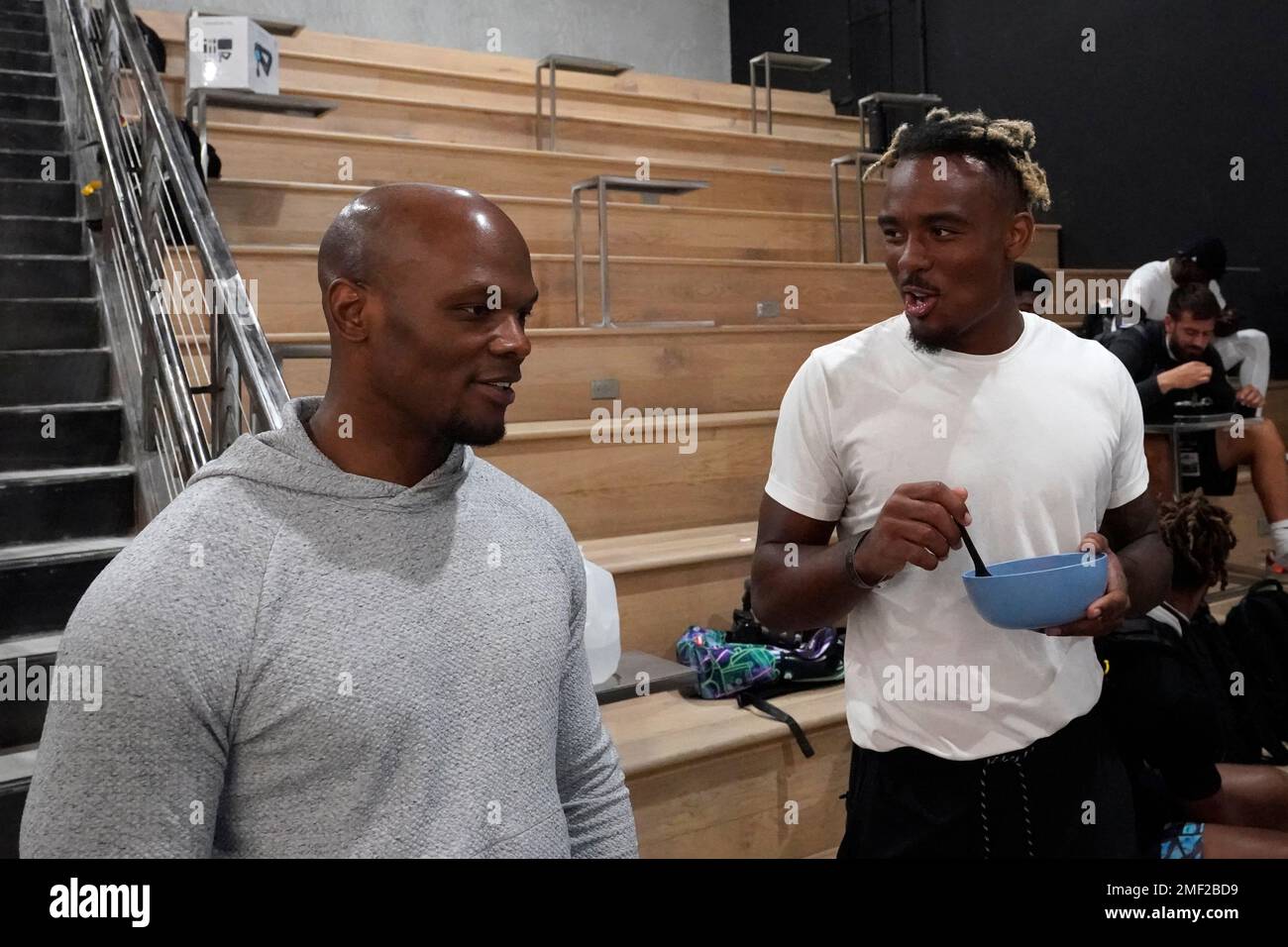 Former Texas A&M wide receiver Jhamon Ausbon, right, talks with his ...