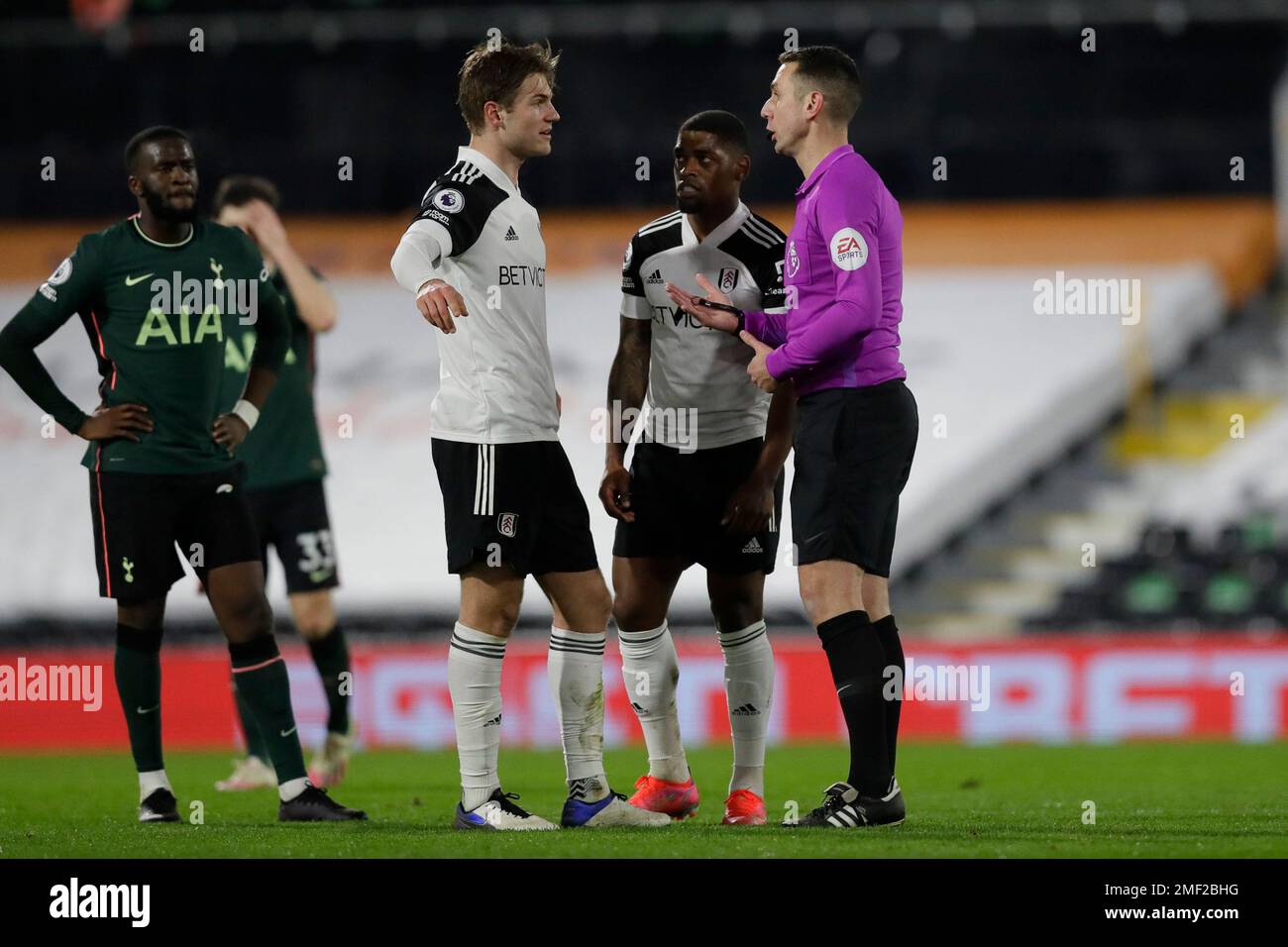 Fulham's Joachim Andersen talks to the referee during the English ...