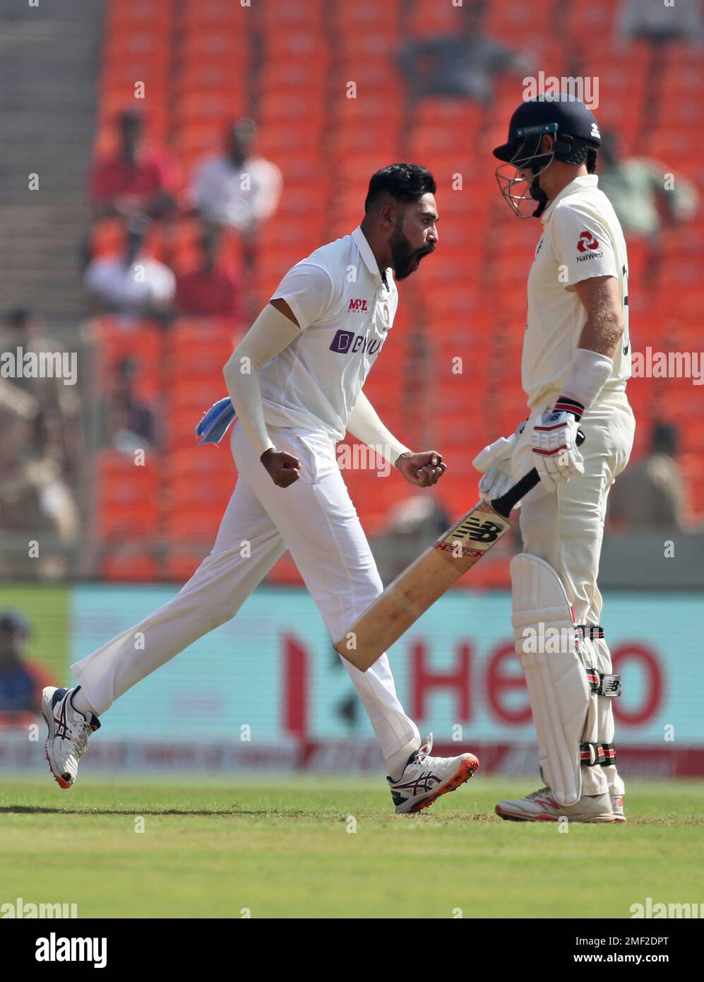 India's Mohammed Siraj, left, celebrates the dismissal of England's ...