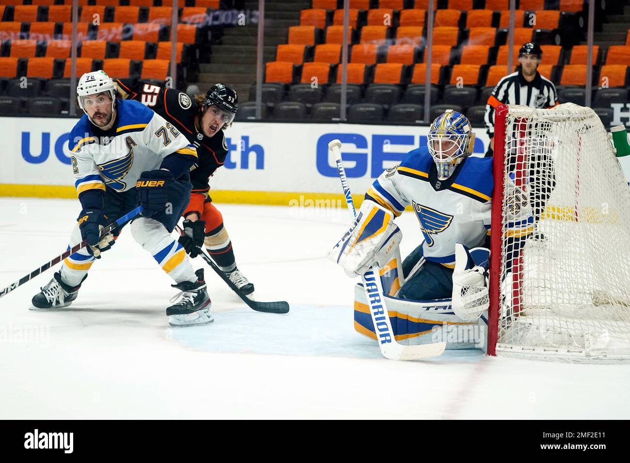 St. Louis Blues goaltender Jordan Binnington (50) guards the goal ...