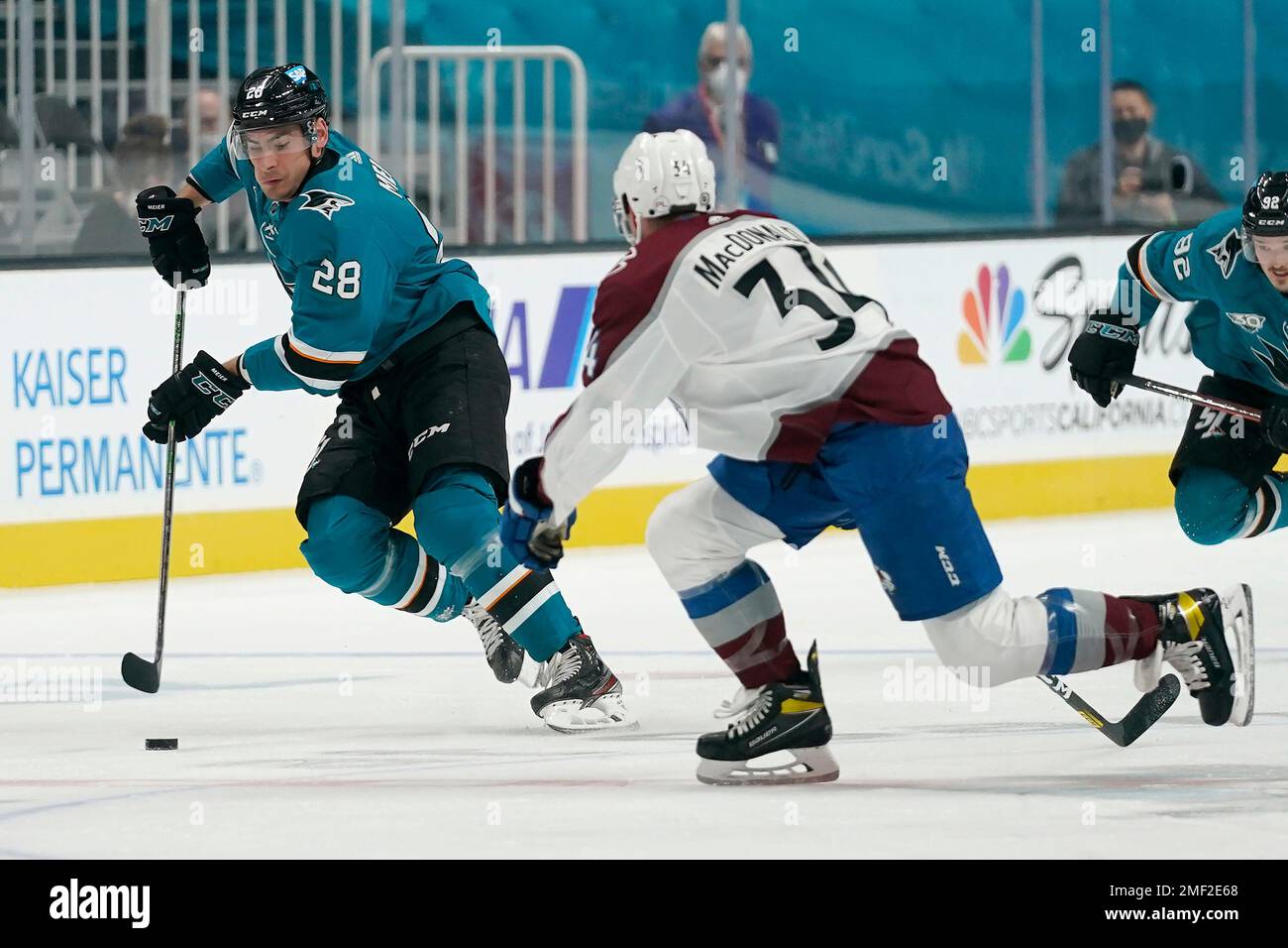 San Jose Sharks right wing Timo Meier (28) skates next to Colorado ...