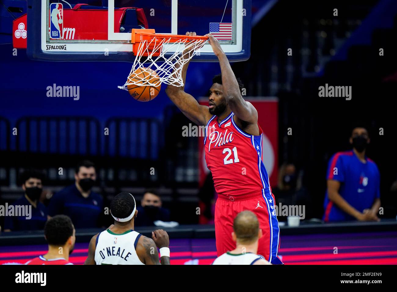 Philadelphia 76ers' Joel Embiid dunk s the ball during the second half ...