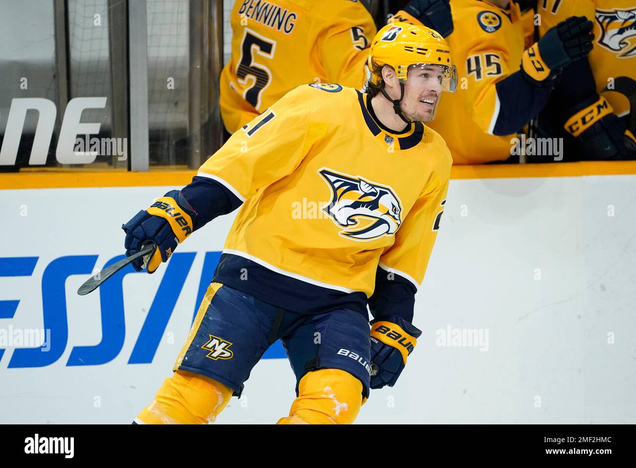 Nashville Predators center Nick Cousins (21) celebrates after scoring a ...