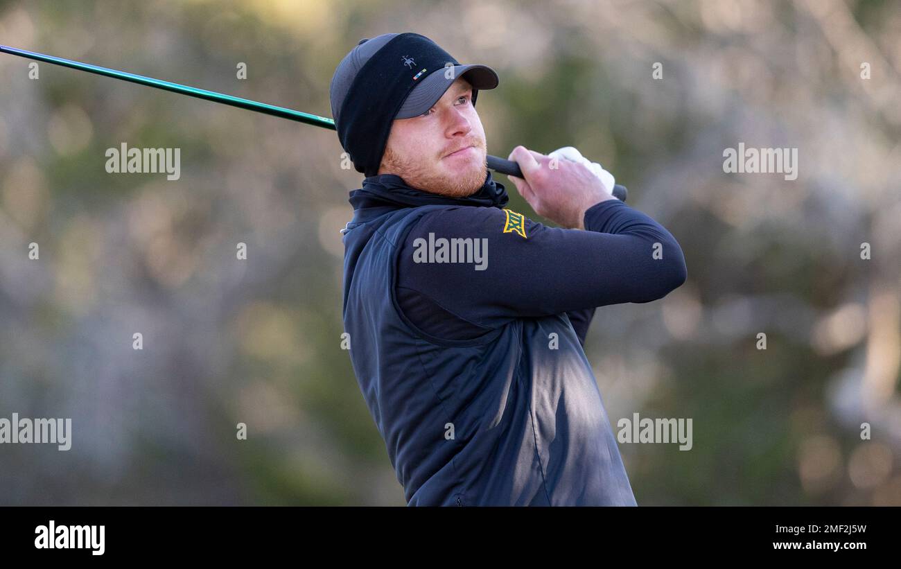 Baylor junior Ryan Grider hits from the 1st tee box during an NCAA golf ...