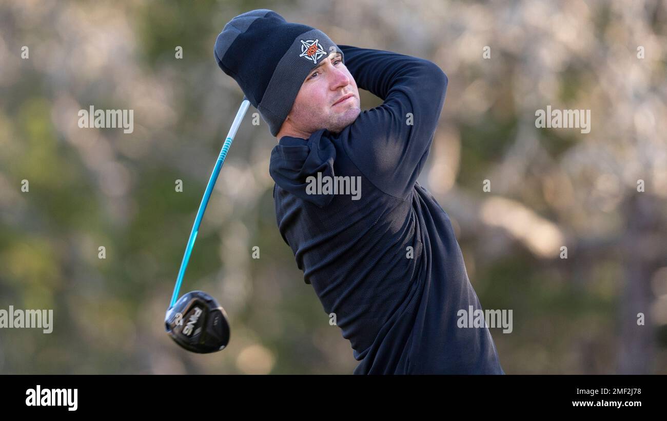 Oklahoma State junior Austin Eckroat hits from the 1st tee box during ...