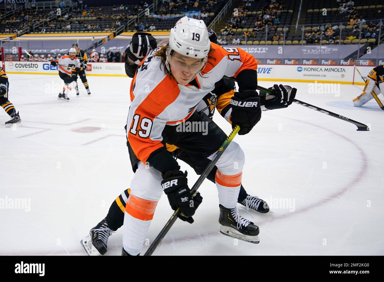 Philadelphia Flyers' Nolan Patrick (19) plays against the Pittsburgh ...