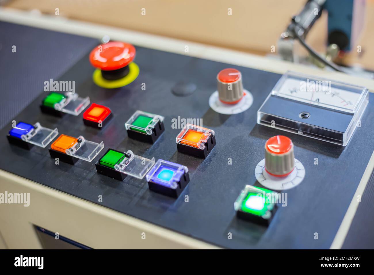 Machine control panel with push buttons and switches at factory Stock ...