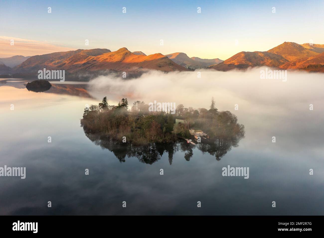 Aerial view of Derwent Island on a beautiful misty Winter morning at ...