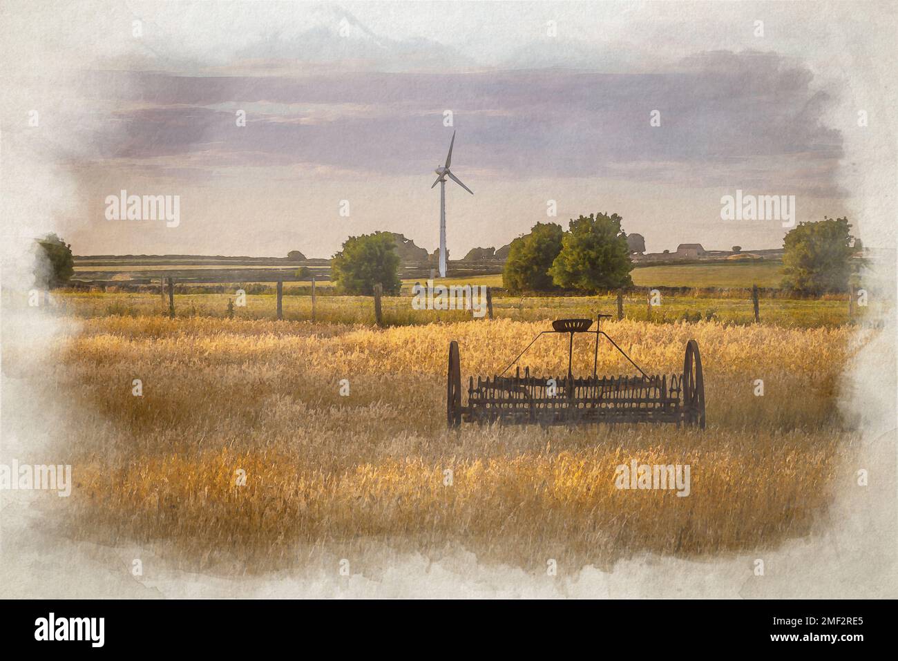 A digital watercolor rural landscape painting of an antique hay rake ...
