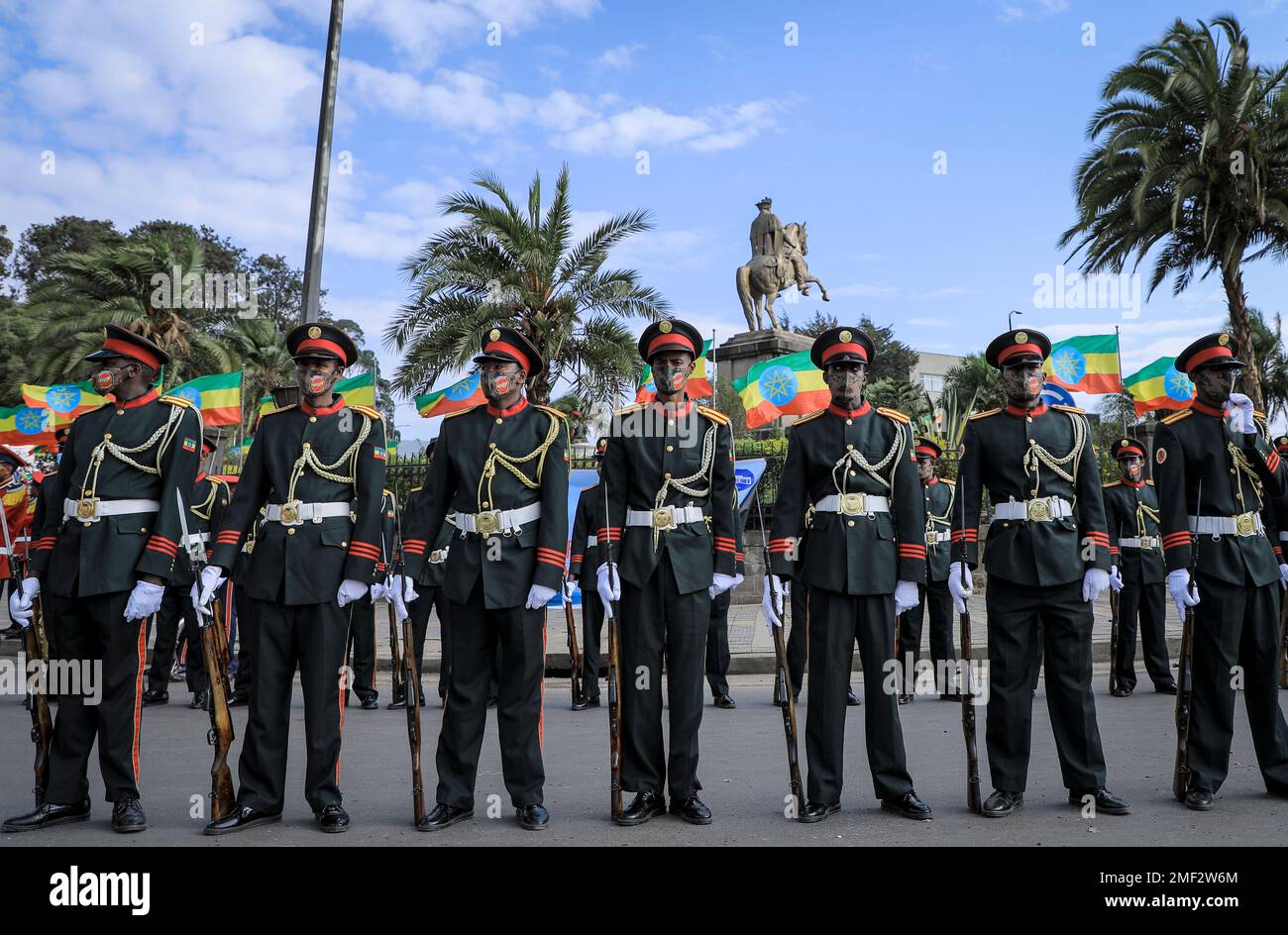 Members of a military band parade on Adwa Victory Day, in the capital ...
