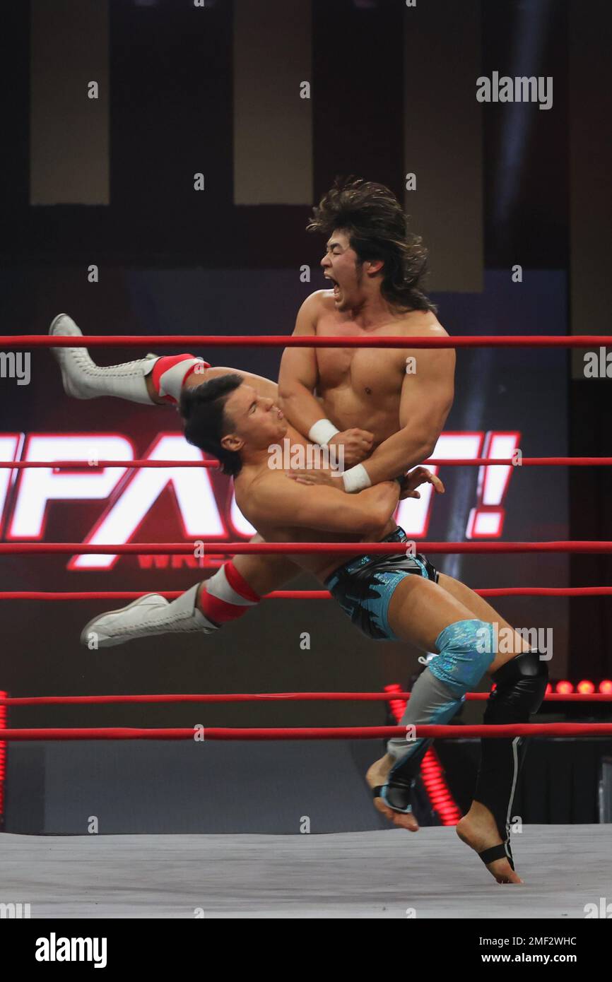 Yuya Uemura leaps into Mike Bailey with a forearm at the IMPACT ...