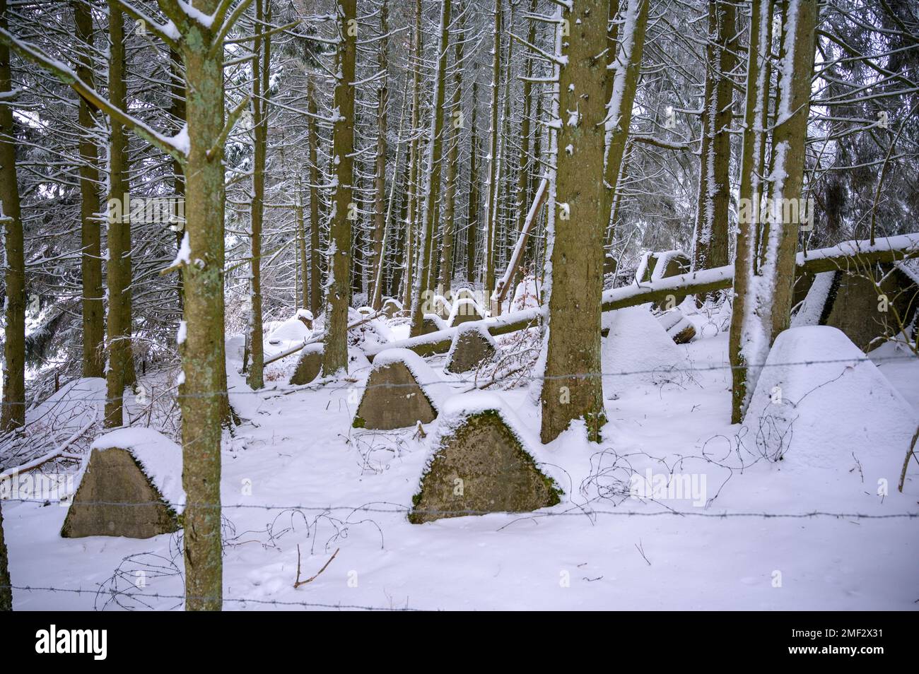 Anti tank wall or dragon's teeth on the Westwall covered in snow in a ...