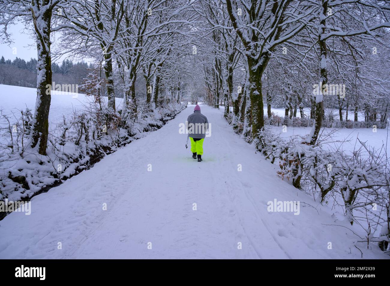 Woman seen walking in high visibility pants on a snow covered path ...