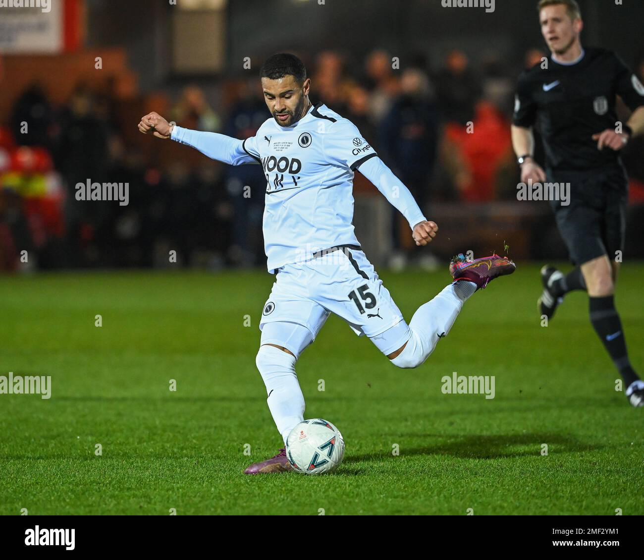 Dennon Lewis #15 of Boreham Wood shoots on goal during the Emirates FA ...