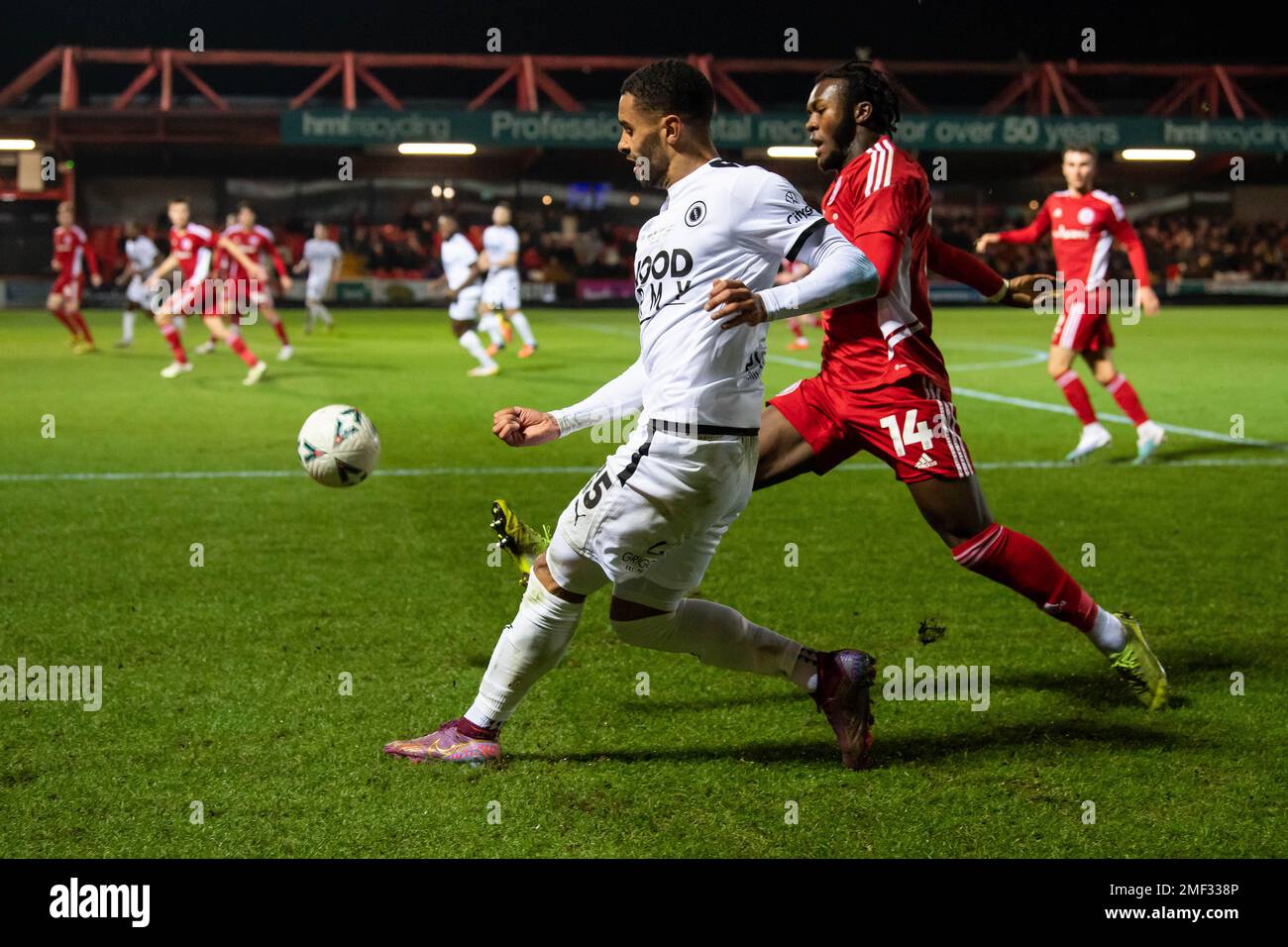 Dennon Lewis #15 of Boreham Wood crosses the ball during the Emirates ...