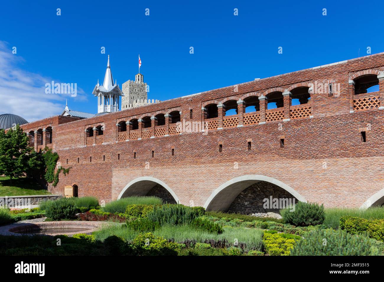 Red stone and brick bridge leading to Akhaltsikhe (Rabati) Castle, with ...