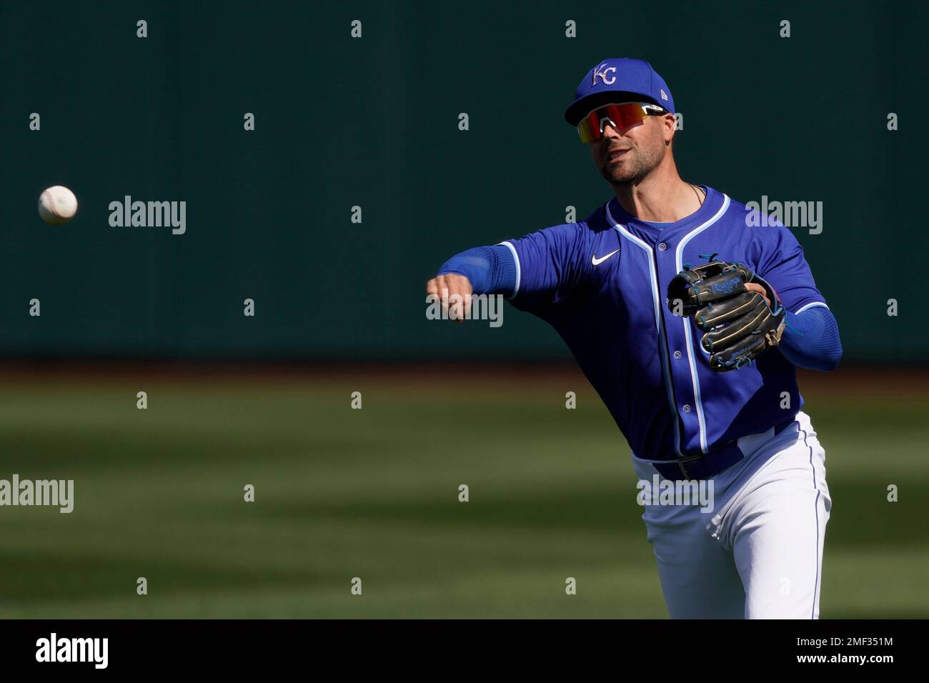 Kansas City Royals second baseman Whit Merrifield throws during the ...