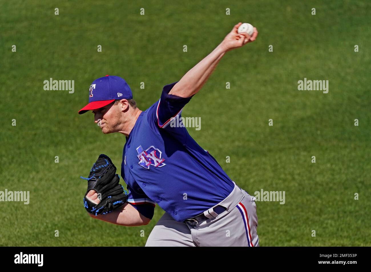 Texas Rangers pitcher Wes Benjamin throws during the first inning of a ...