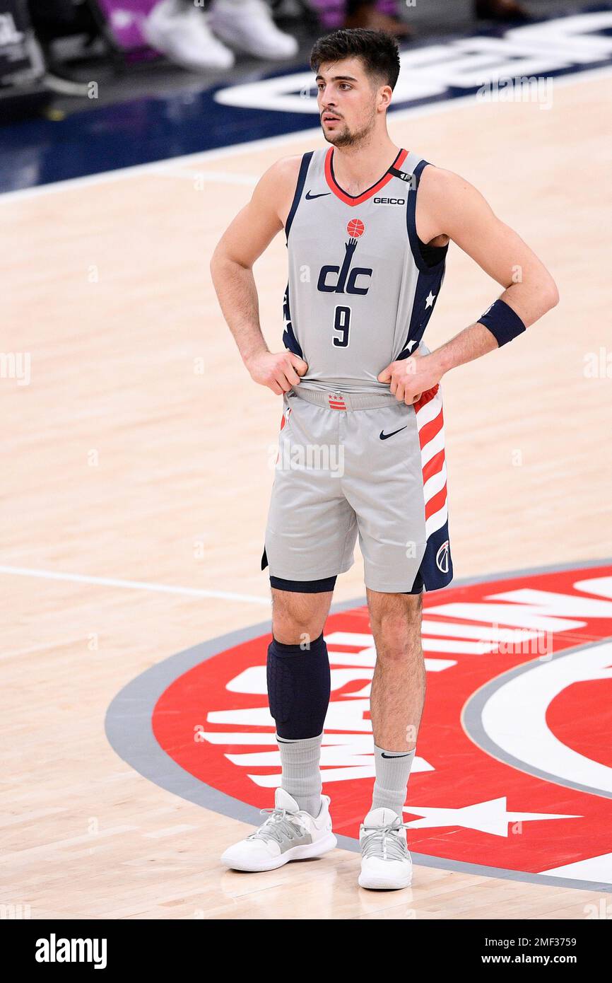 Washington Wizards forward Deni Avdija (9) stands on the court during ...