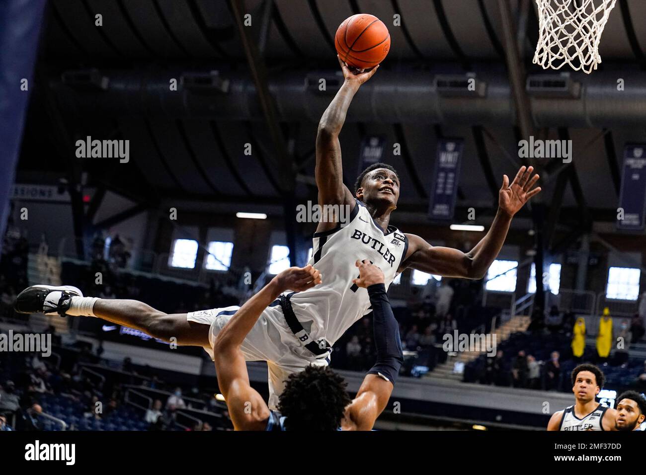 Butler guard Bo Hodges (1) is fouled as he shoots by Villanova forward ...