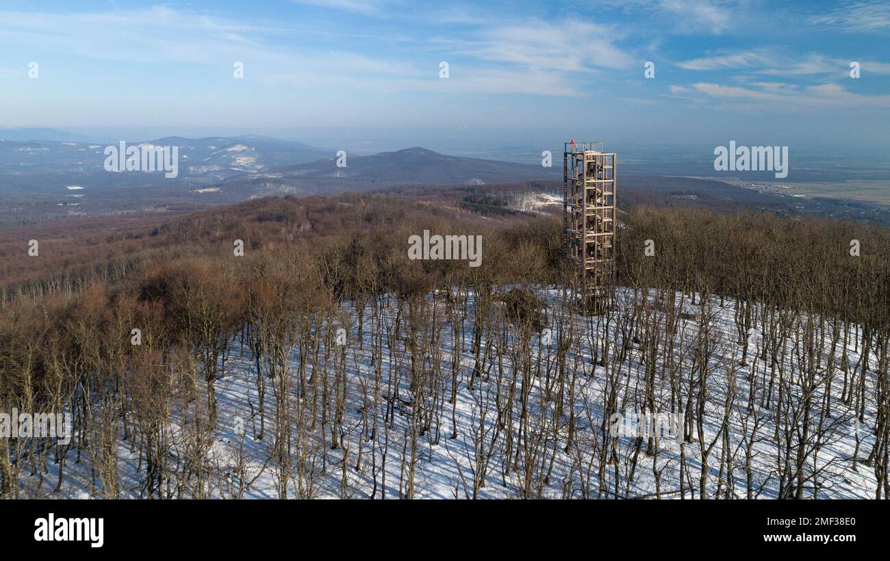 Aerial view of wooden lookout tower on the top of Velka Homola in ...