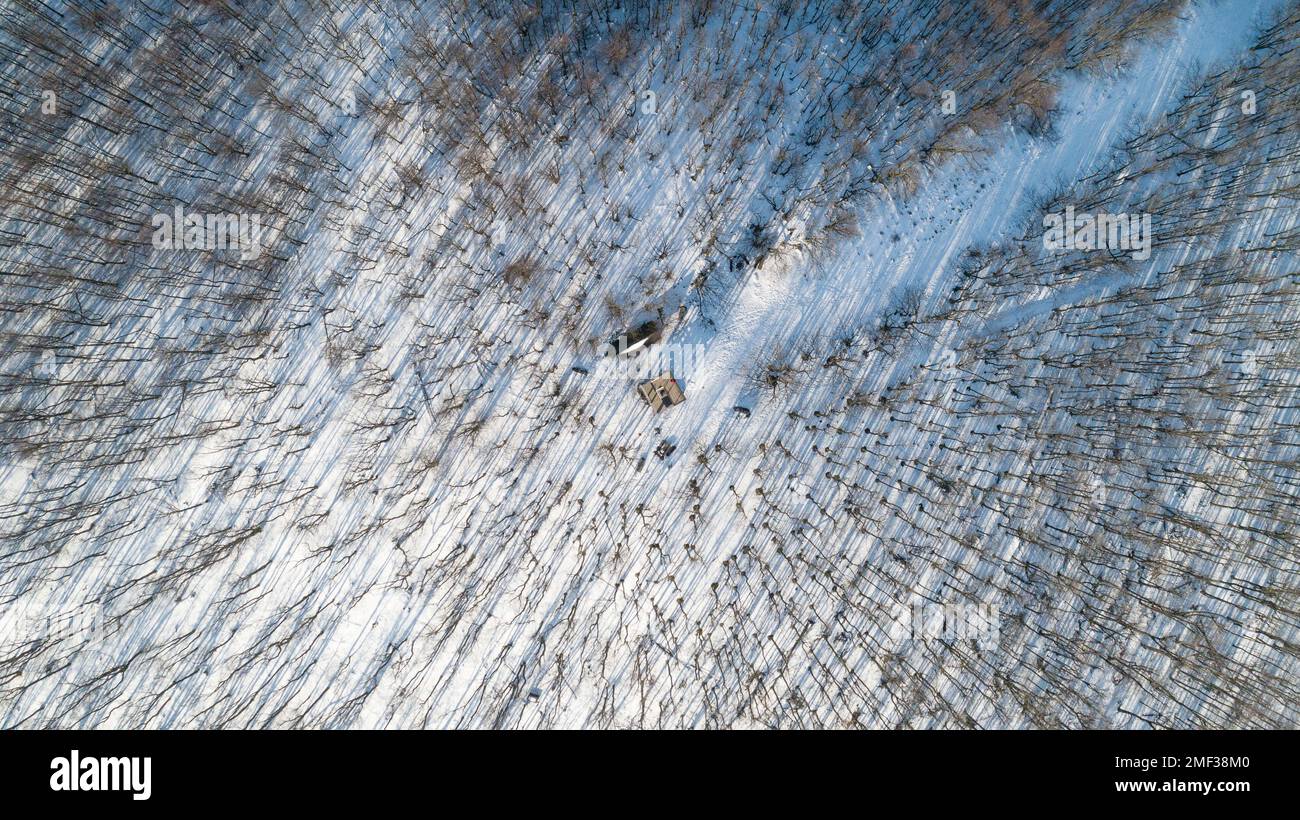 Aerial view of wooden lookout tower on the top of Velka Homola. Top ...